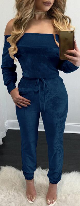 Velvet Off Shoulder Long Sleeve Draw String Waist Long Jumpsuit on Luulla