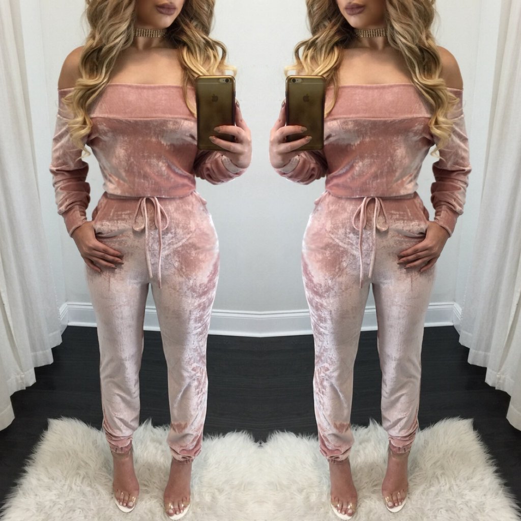 Velvet Off Shoulder Long Sleeve Draw String Waist Long Jumpsuit on Luulla