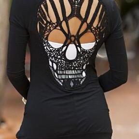 Scoop Pure Color Skull Hole Long Sleeves Blouse on Luulla