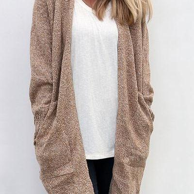 Loose Solid Color Pockets Open Long Cardigan on Luulla