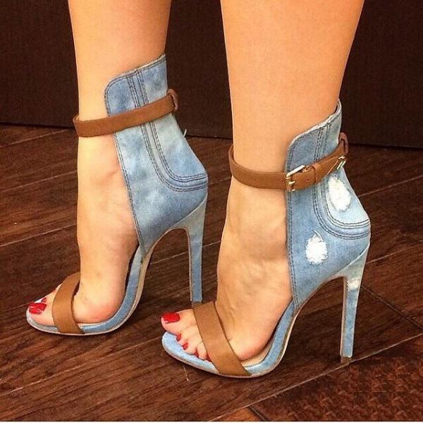 Denim Cloth Stiletto Heel Open-toe Ankle Strap High Heels Sandals on Luulla