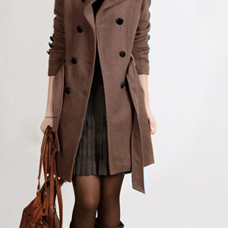Double Breasted Stand Collar Belt Slim Long Plus Size Coat on Luulla