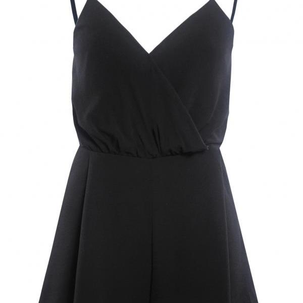 Black Spaghetti Strap Wrap Style Back Zipper Short Jumpsuit on Luulla