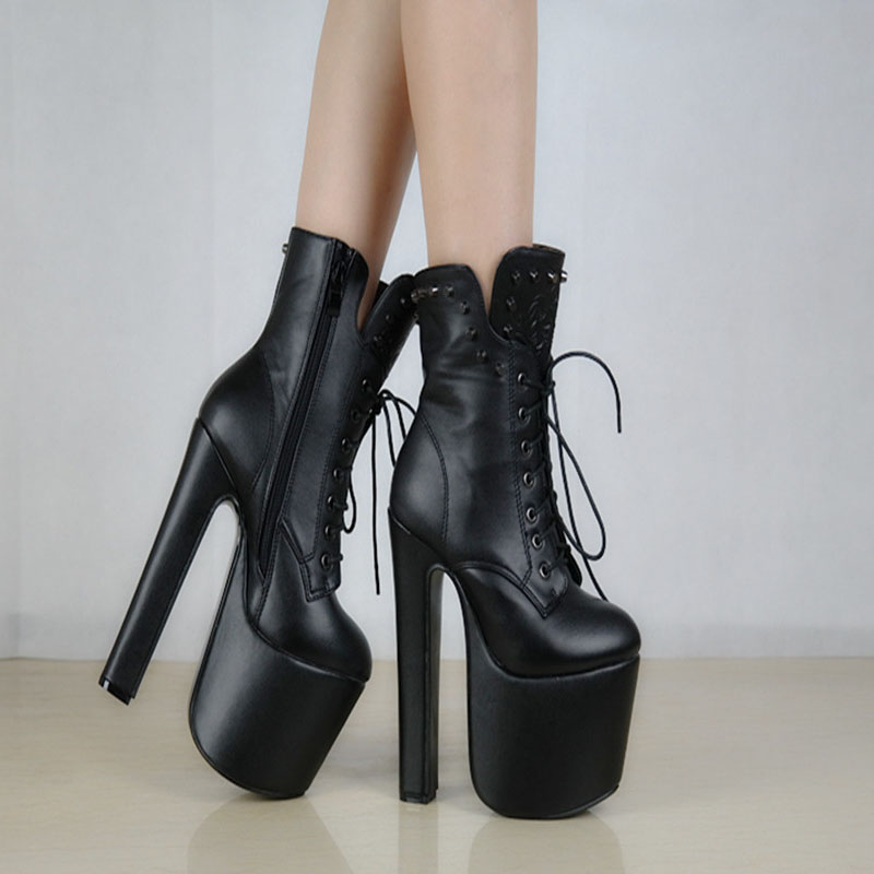 Suede Pure Color Lace-Up Rivets Zipper Chunky Heel Round Toe High Heels ...