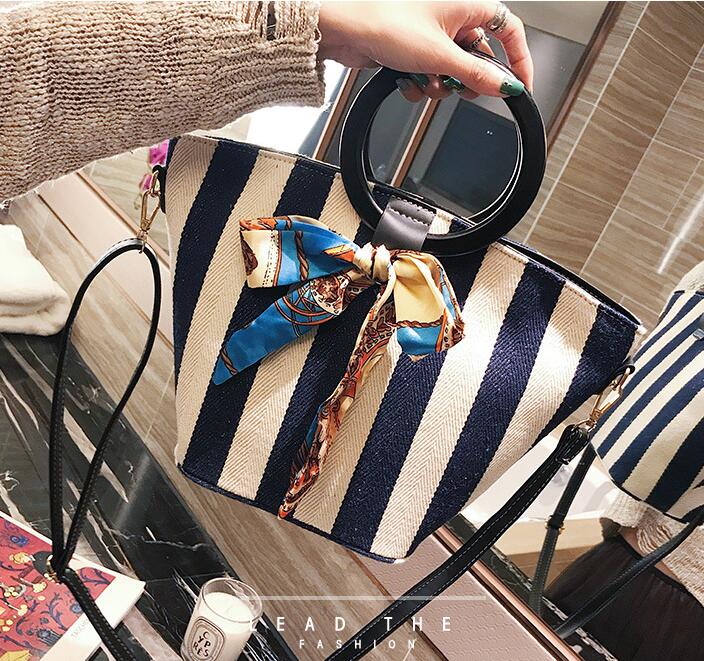 Classic Circular Handle Stripe Pattern Satchel on Luulla