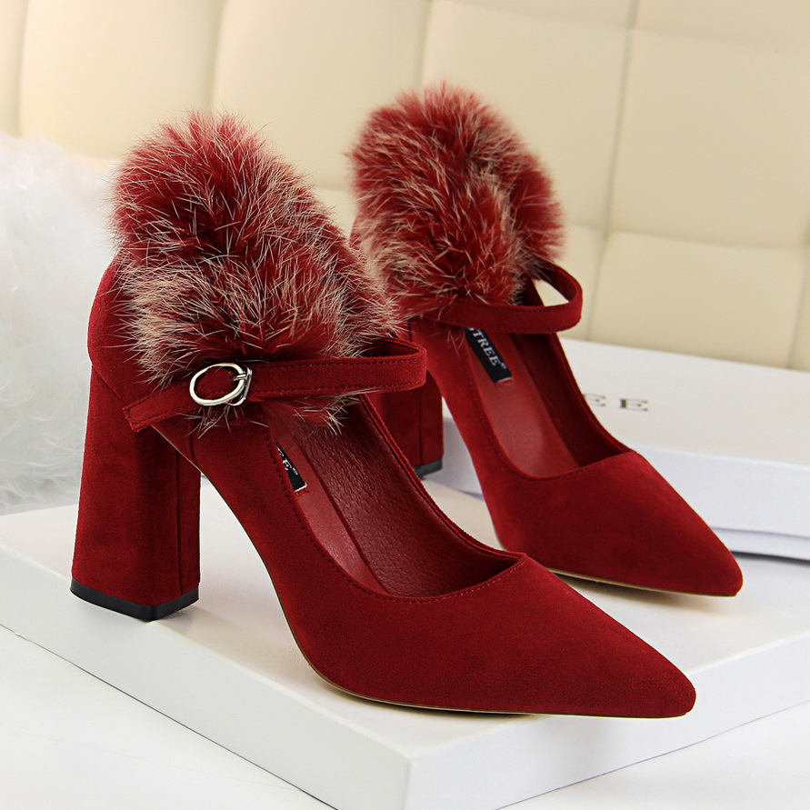 Rabbit Fur Middle Chunky Heel Pointed Toe High Heels on Luulla