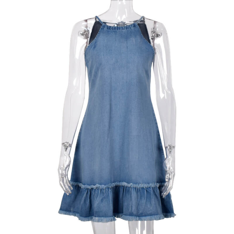 Ruffle Hem Sleeveless Denim Dress on Luulla