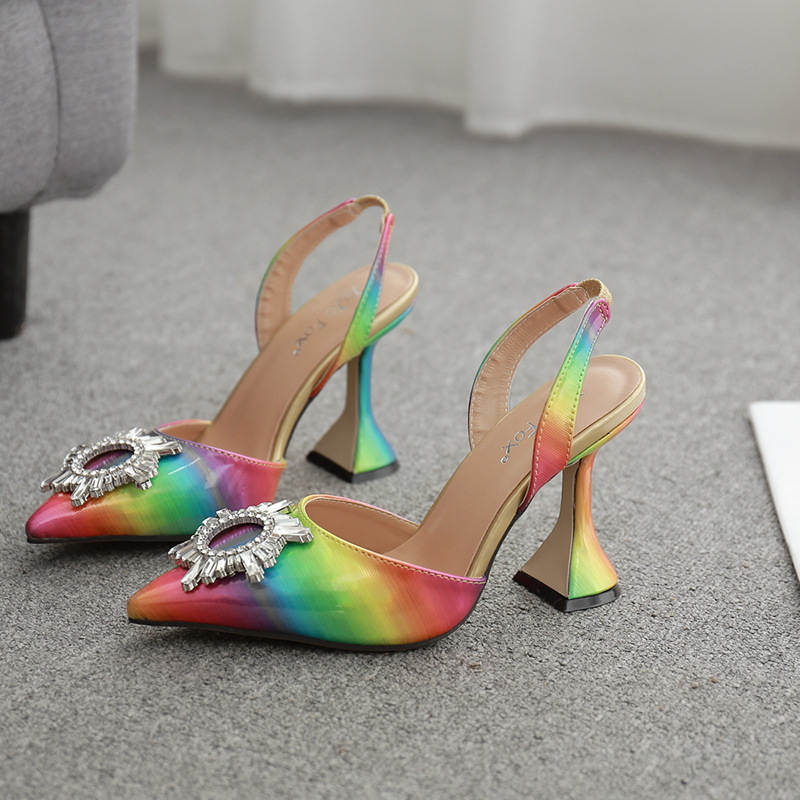 Rainbow Sunflower Pointed Glass High Heel Women's Shoes Back Sandals on ...