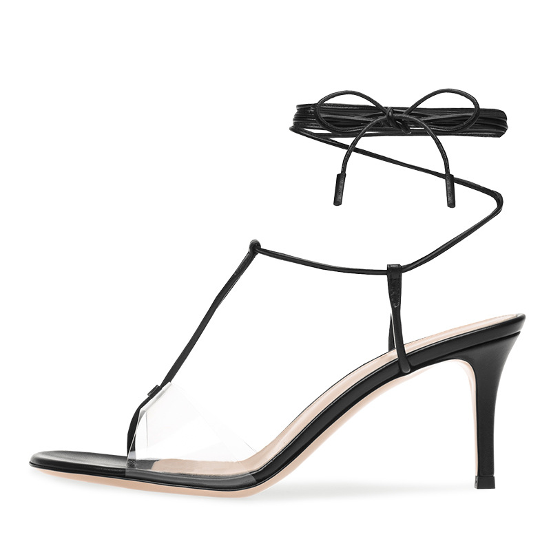 Fashion Transparent Pvc Toe Sandals Ankle Tie Up Party Shoes-black on ...