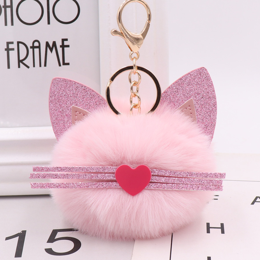 Gretel Pu Leather Beard Cat Plush Key Chain Cute Pink Cat Bag Key Chain ...