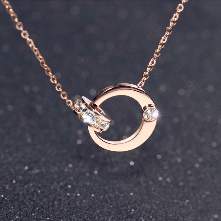 Single Diamond Double Ring Buckle Double Ring Necklace on Luulla