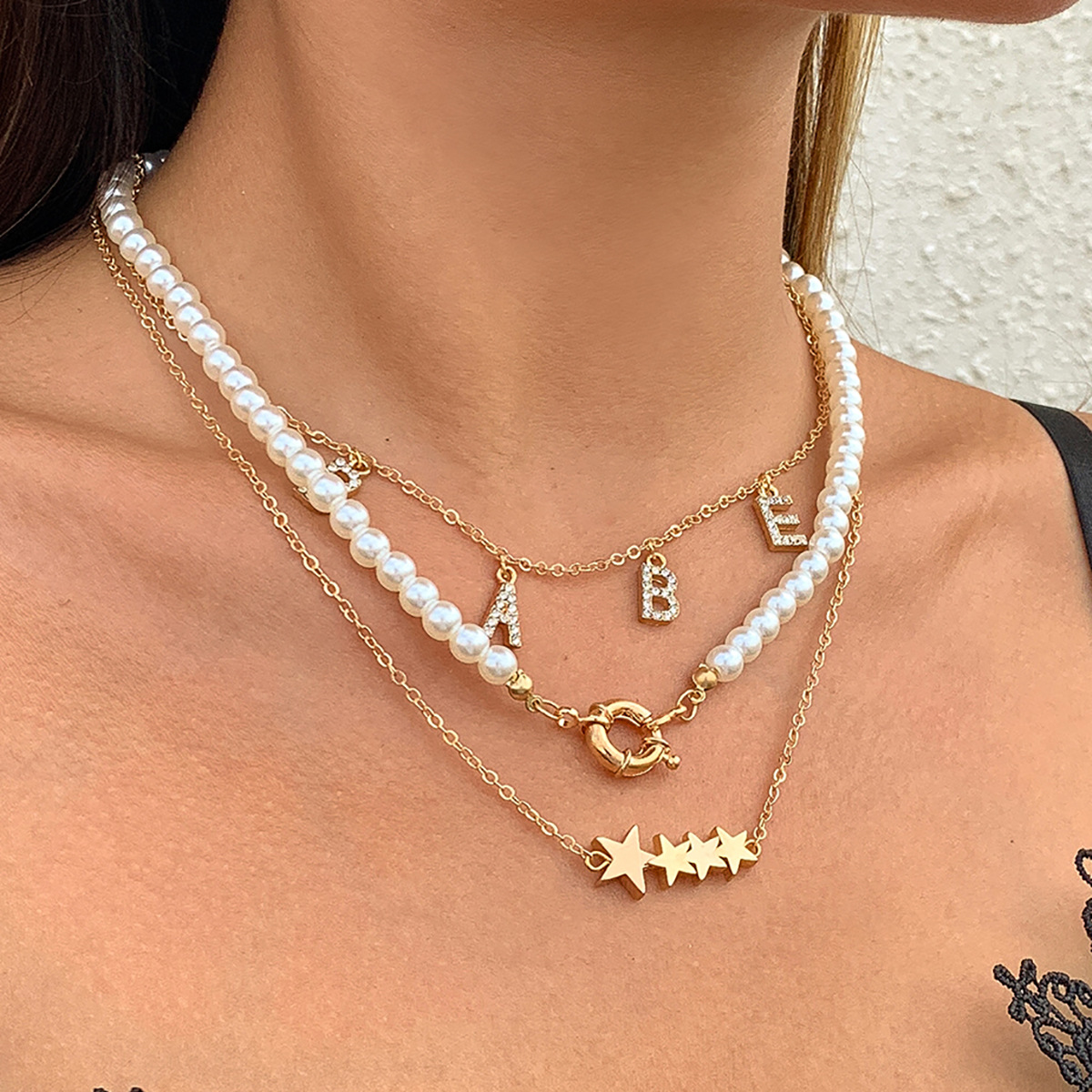 Retro Mix And Match Imitation Pearl Chain Necklace With Rhinestone ...