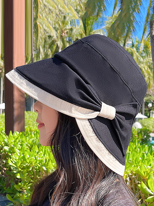 Black Casual Contrast Color Bow-embellished Sun Protection Sun Hat on ...