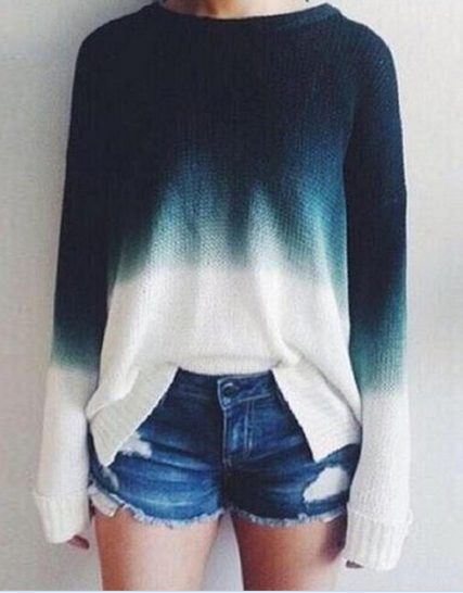 Gradient Color Pullover Retro Casual Sweater on Luulla
