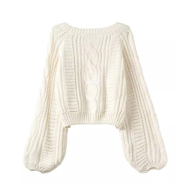 Cable Sleeve Coarse Yam Pure Color Pullover Sweater on Luulla