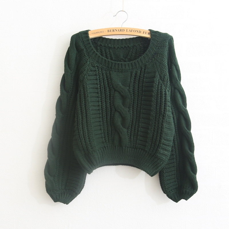 Cable Sleeve Coarse Yam Pure Color Pullover Sweater on Luulla