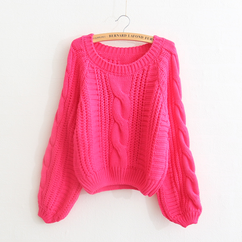 Cable Sleeve Coarse Yam Pure Color Pullover Sweater on Luulla
