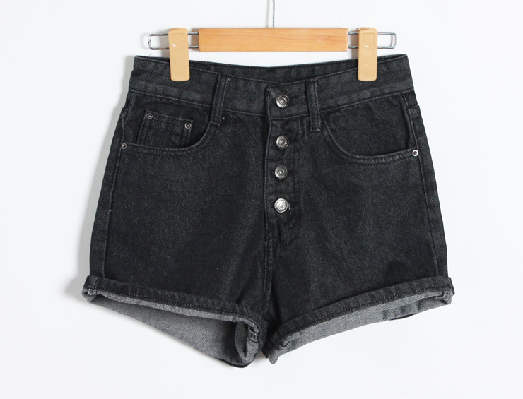 Button High Waist Rolled Hem Casual Denim Shorts on Luulla