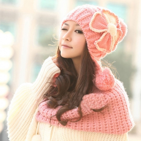 Stylish Women's Knit Winter Warm Cap Hat Ski Slouch Flower Pattern on ...
