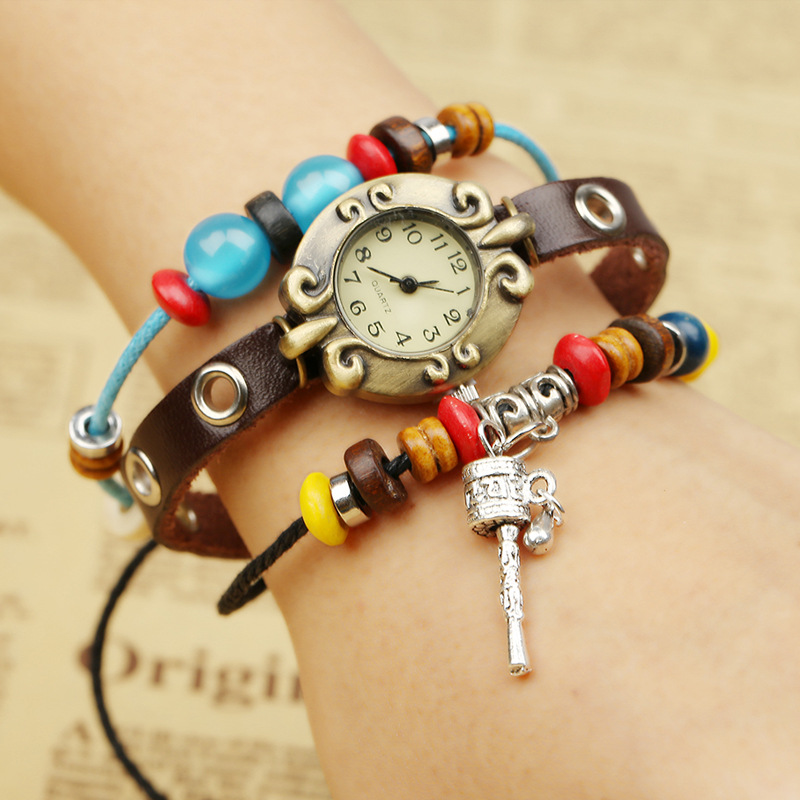 Retro Beads String Leather Bracelet Watch on Luulla