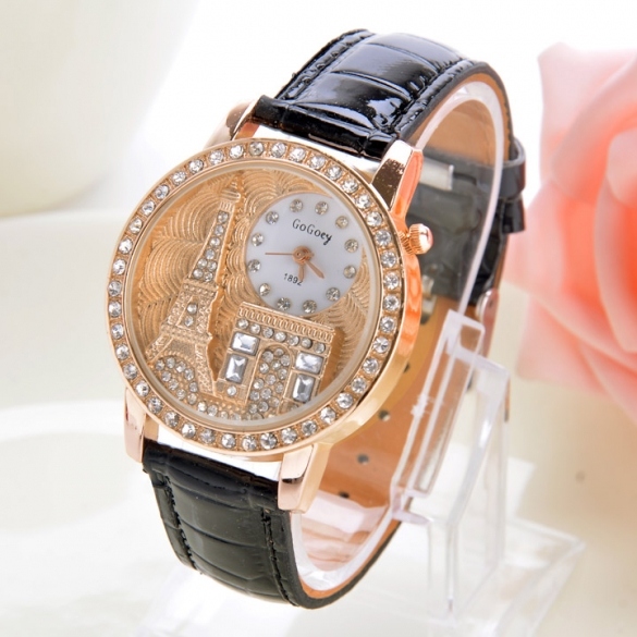 Women Rhinestone Luxury Watches Crystal Leather Tower Quartz Wrist ...