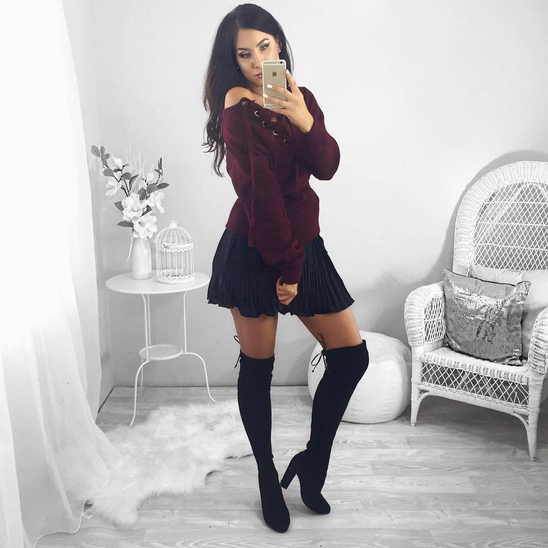 Sexy Deep V Off-shoulder Lace Up Sweater on Luulla