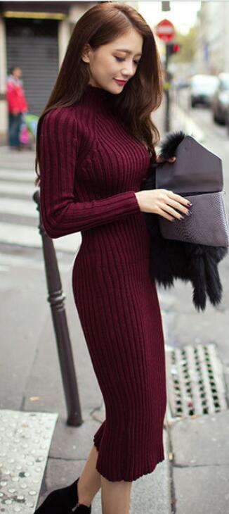 Fashion Ribbed High Neck Long Sleeve Knit Long Sweater Dress on Luulla